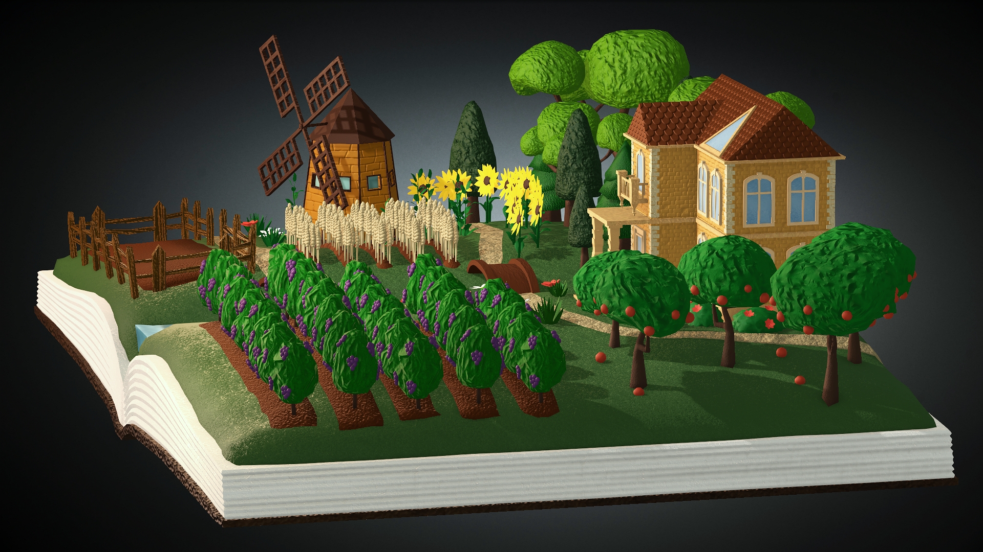 Stylized farm landscape
