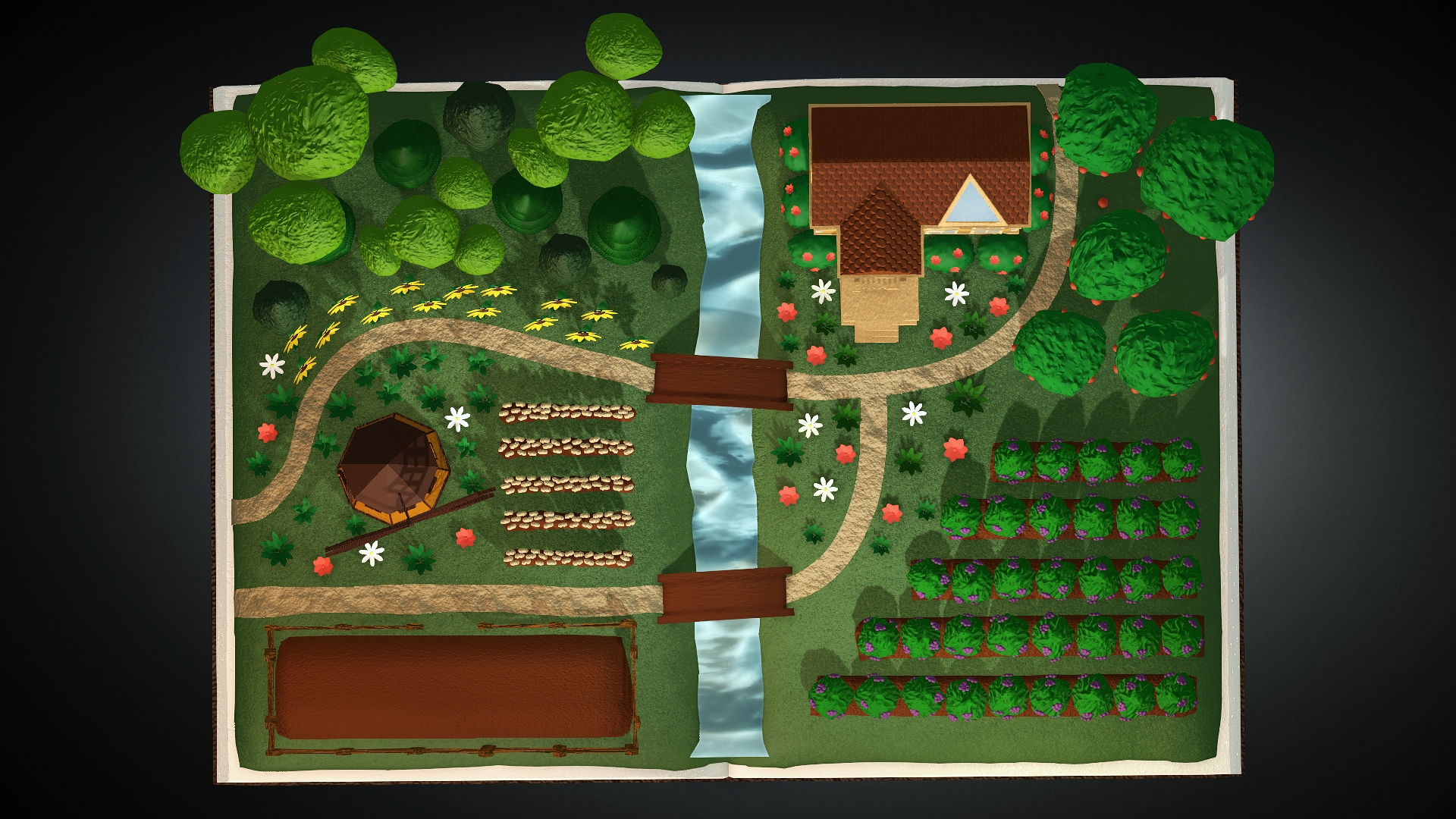 Stylized farm landscape