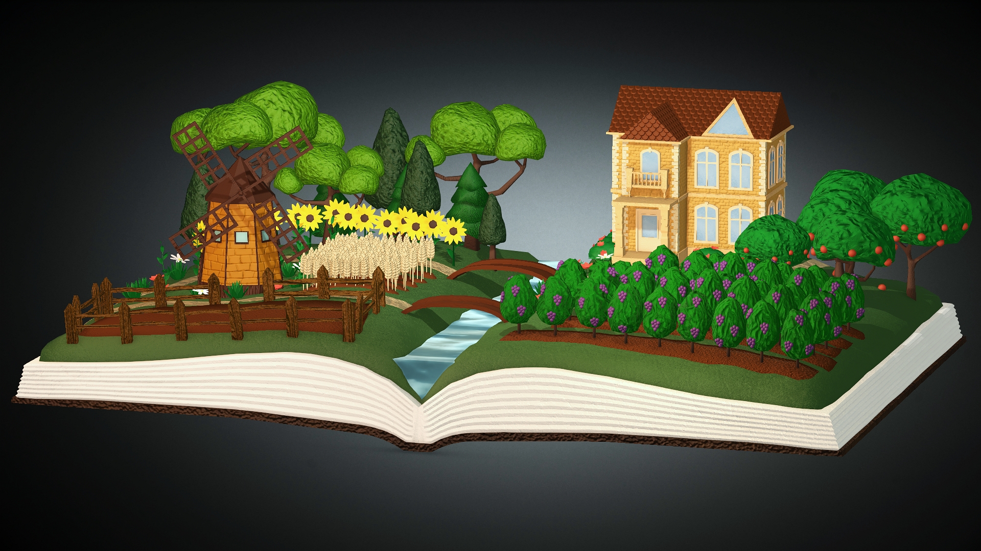 Stylized farm landscape