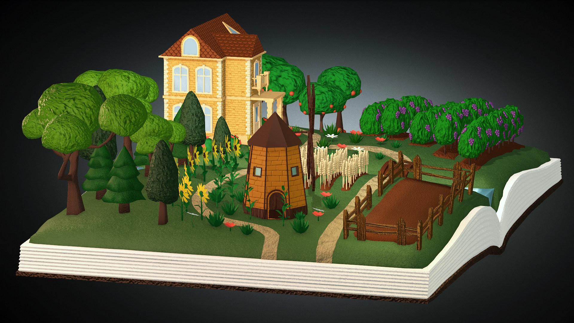 Stylized farm landscape